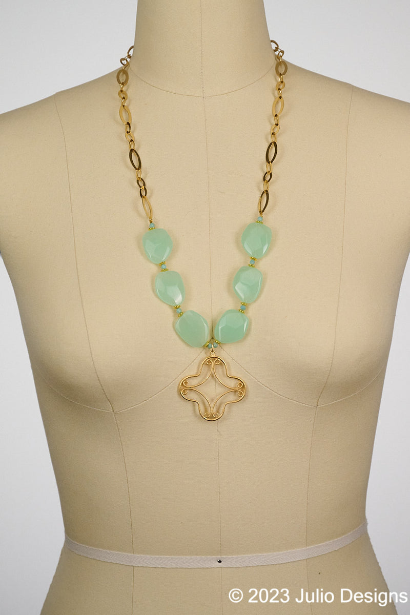 Ruidoso Aqua Crystal Gold Pendant Long Statement Necklace – Julio ...